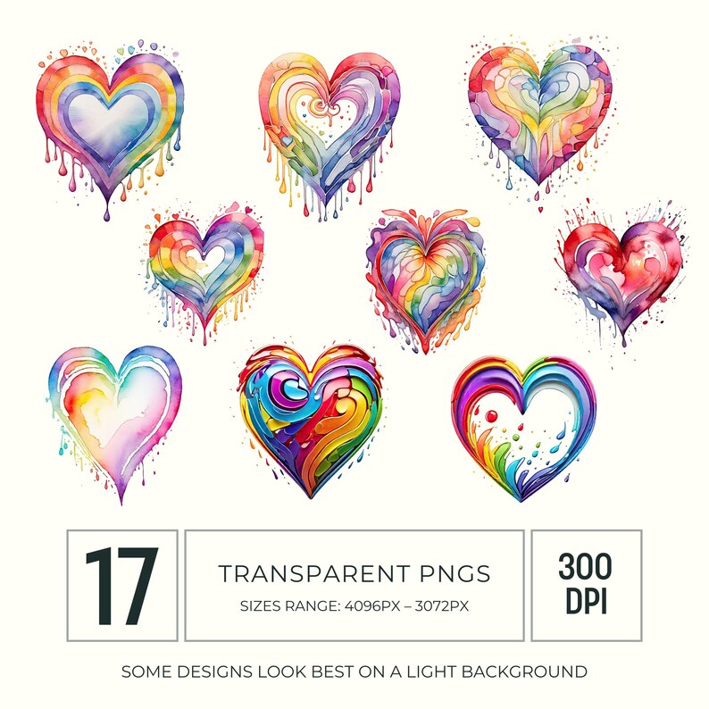 Rainbow Hearts Clipart, Instant Download PNG, Cardmaking Supply ...