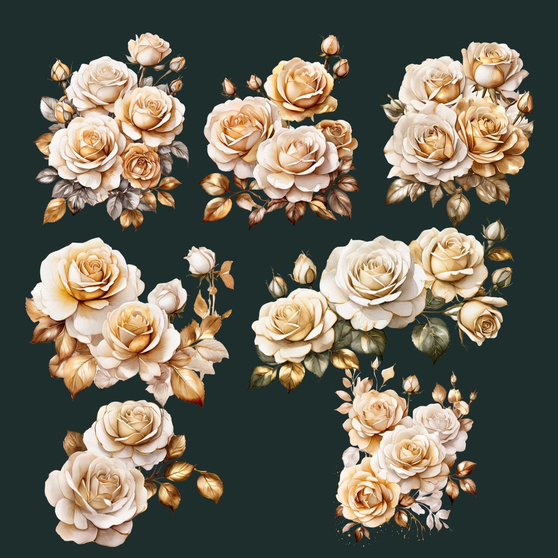 Watercolor Roses Clipart, Floral Clipart, Flowers PNG, White and Gold ...
