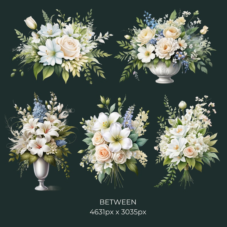 White Flower Clipart Set, Wedding Bouquet Graphics, Floral Arrangements ...