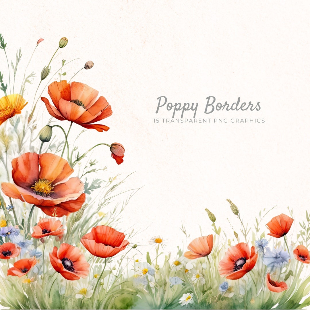 Watercolor Poppy Border Clipart, Floral Digital Download, Scrapbook ...