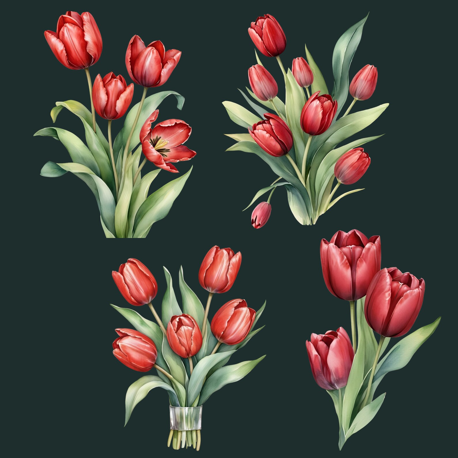 Spring Tulips Clipart, Watercolor Floral Design, Red Flower Clip Art ...