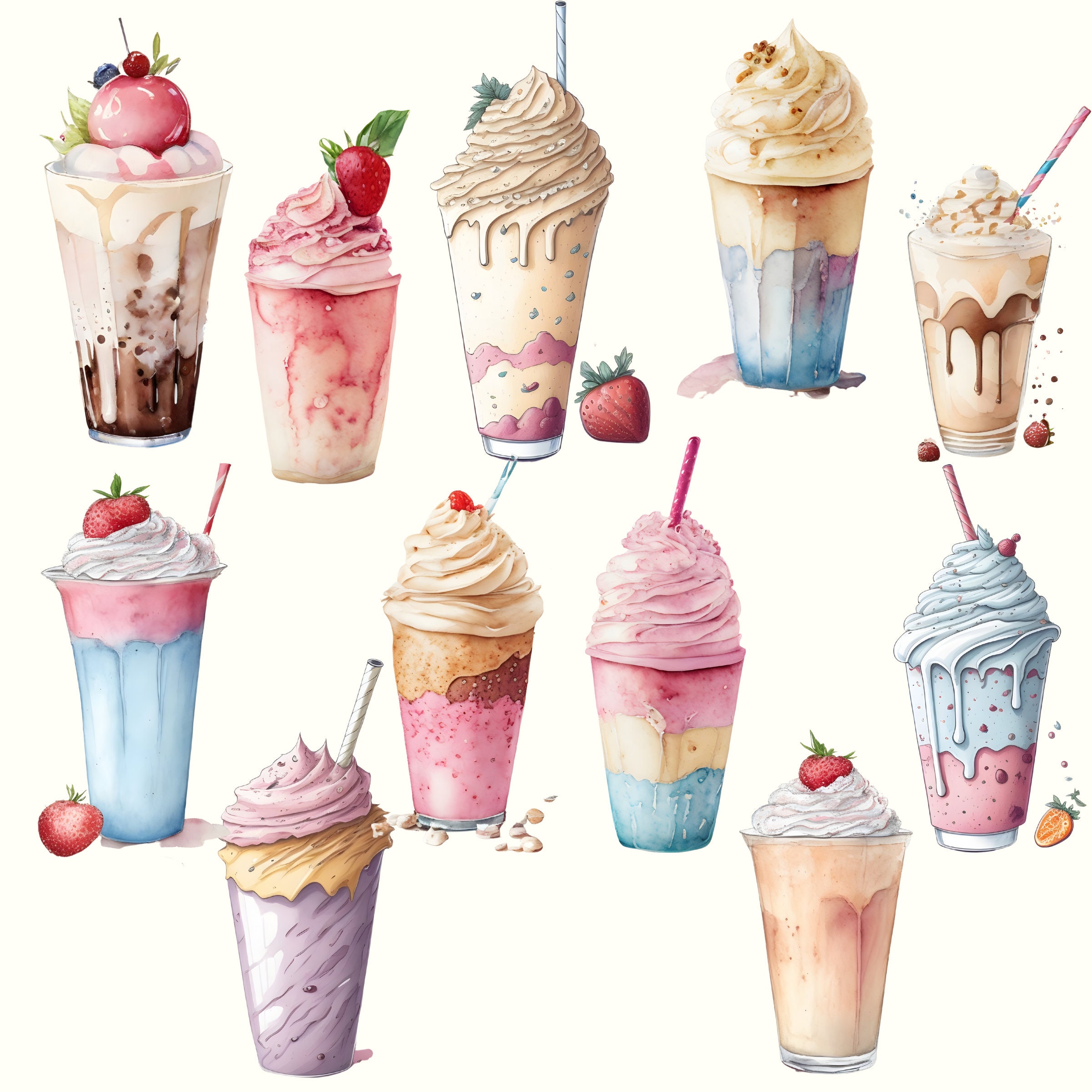 Watercolor Milkshake Clipart Set, Summer Dessert PNG, Instant Download ...