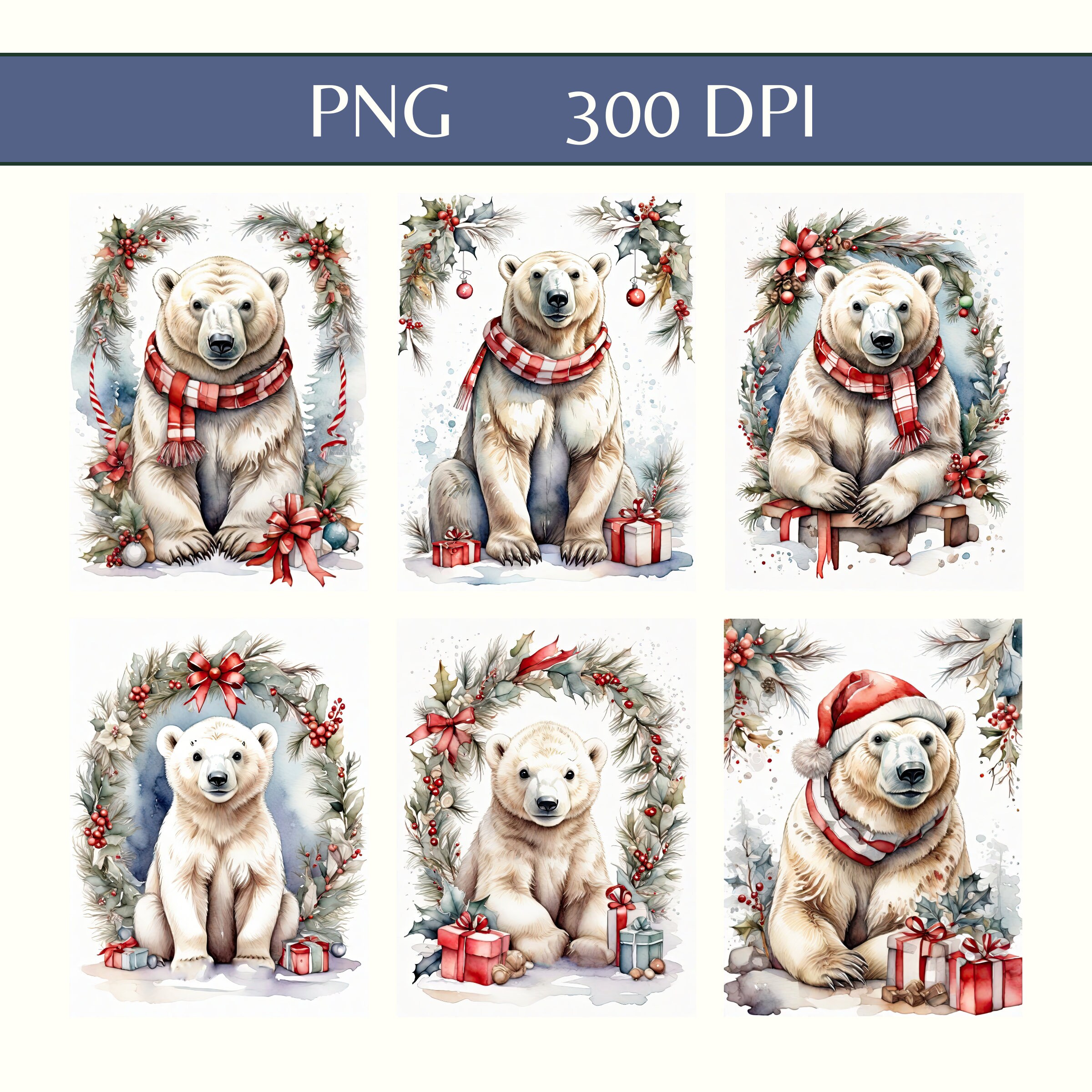 Christmas Bear Clipart Bundle, Watercolor Bear, White Background PNG ...