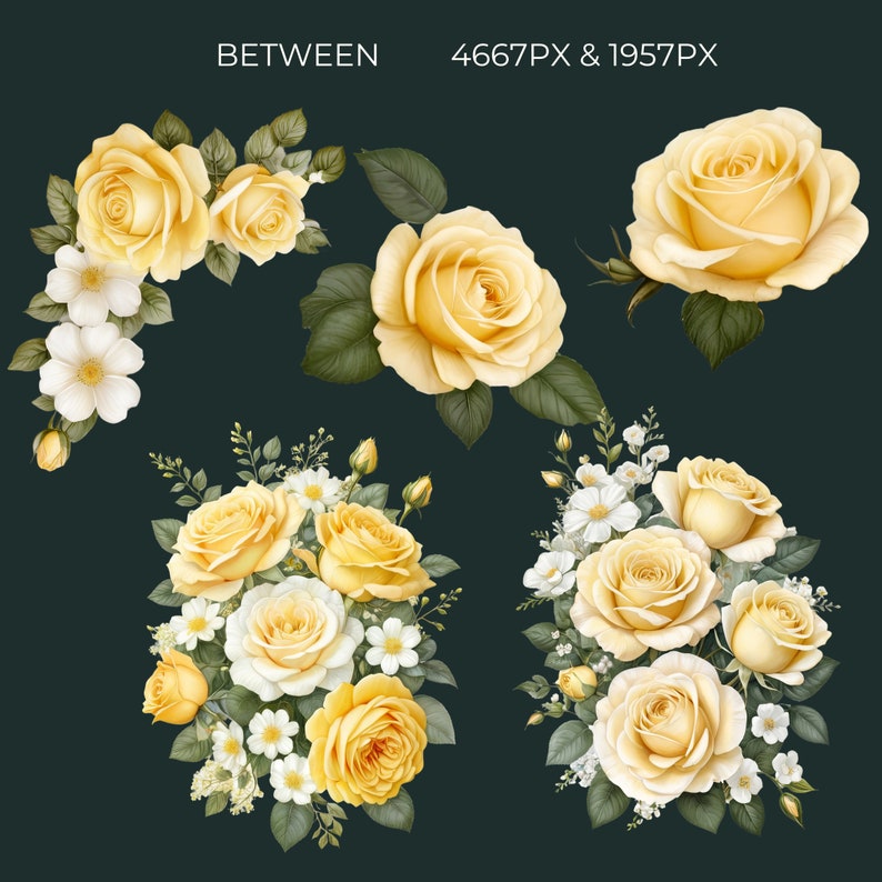 Soft Yellow Roses Clipart, Bouquet Floral Digital Art, Rose PNG Bundle ...