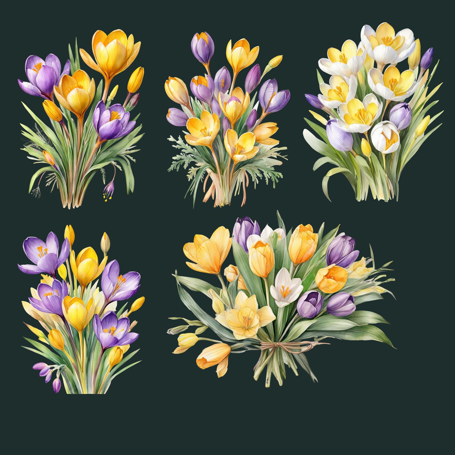 Spring Bouquet Clipart, Crocus and Daffodils Flowers, Yellow Crocuses ...