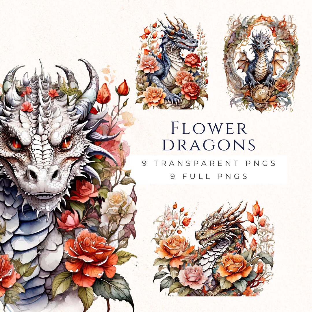 Flower Dragon Graphic, Fantasy Dragon Clip Art, Mythical Creatures ...