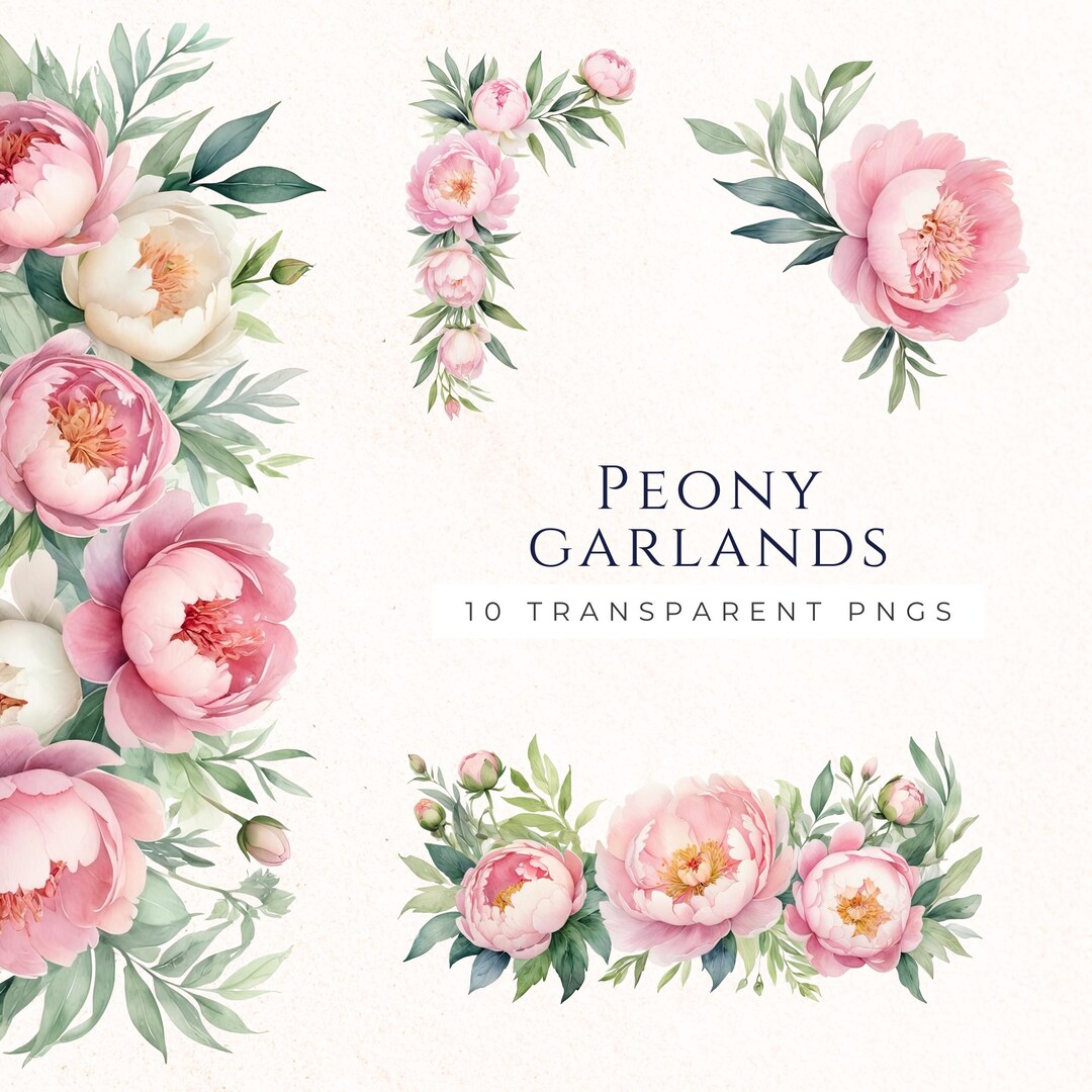Pink Peony Garland Clipart, Floral Border Graphics, Instant Download ...