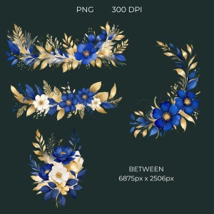 Blue and Gold Flowers Clipart, Digital Download, Floral Decoration ...