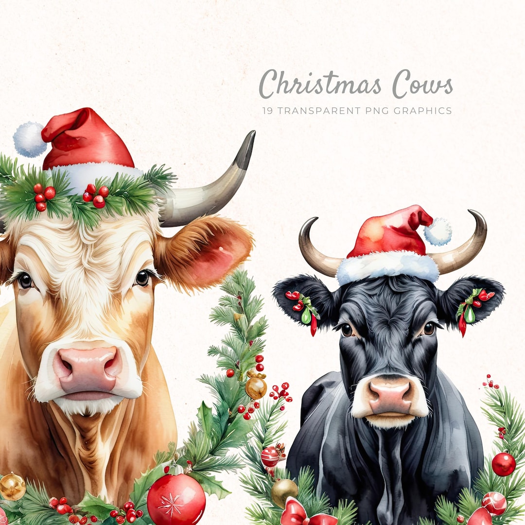 Watercolor Christmas Cow Clipart, Xmas Graphics Set, Scrapbook & Craft ...