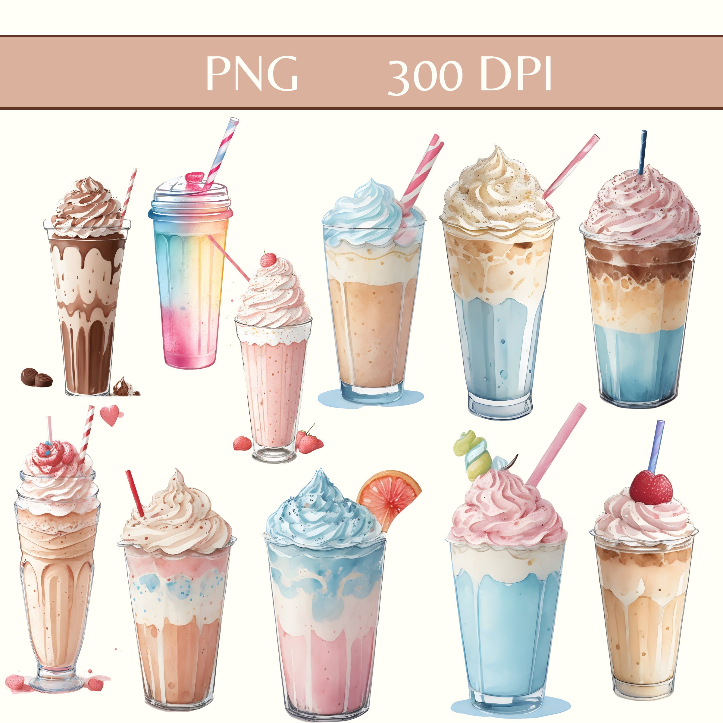 Watercolor Milkshake Clipart Set, Summer Dessert PNG, Instant Download ...