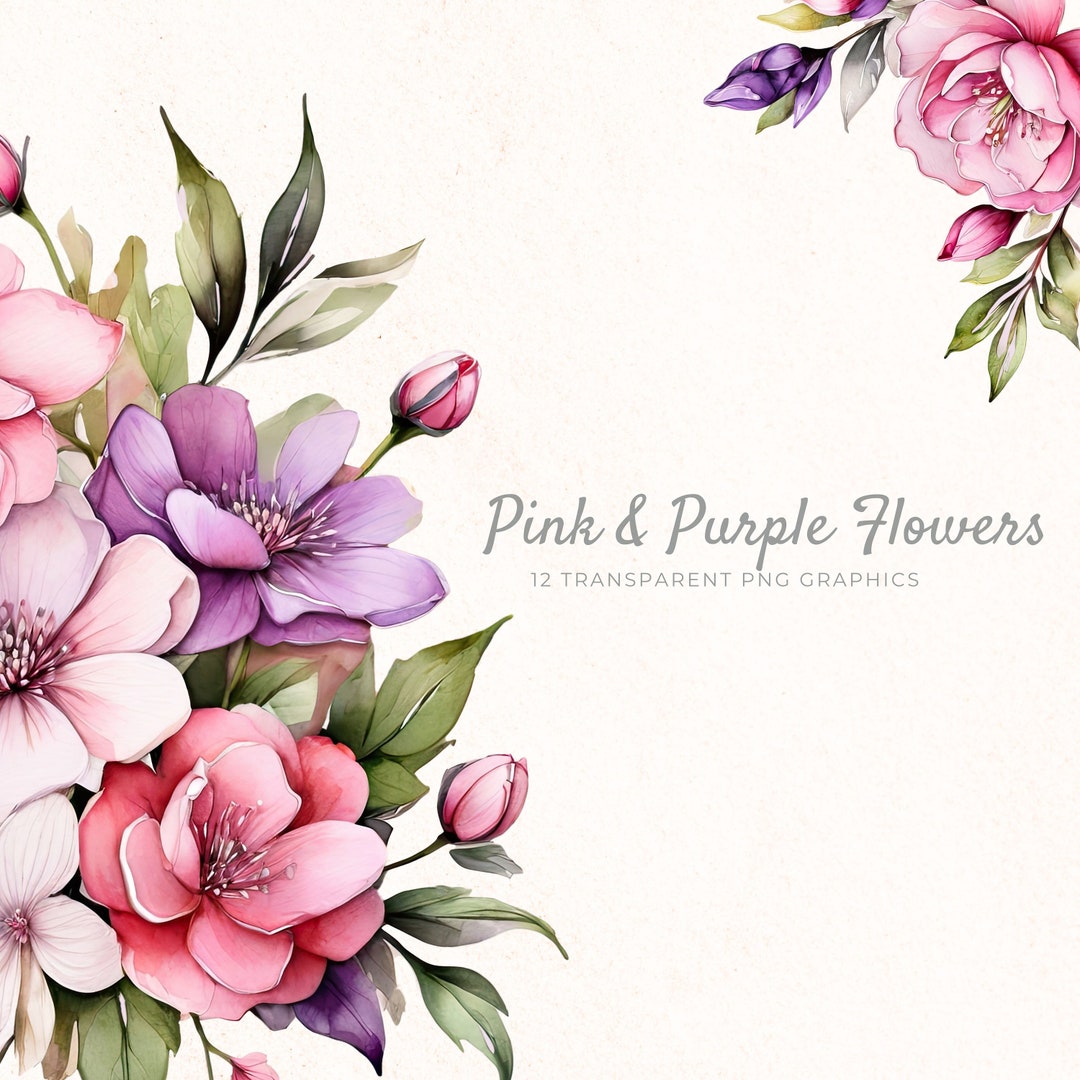 Watercolor Flowers Clip Art PNG, Purple Floral Clipart, Instant ...
