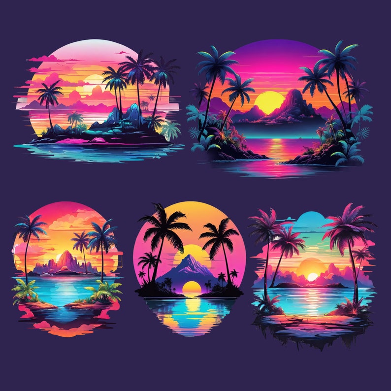 Colorful Island Clipart, Tropical 80s Vibe Palm Tree Art, Commercial ...