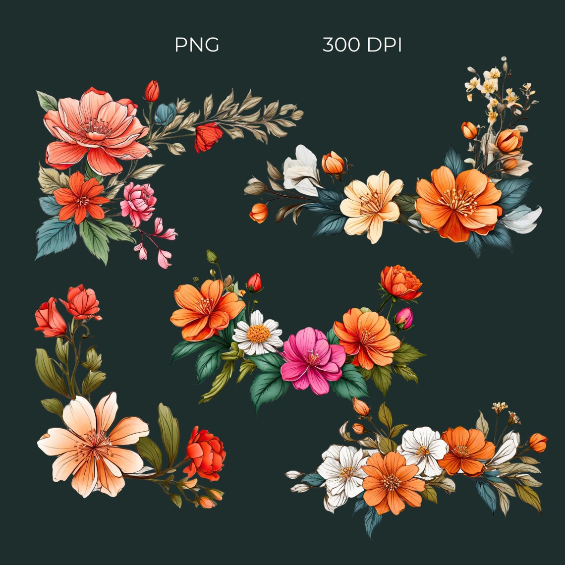 Colorful Flower Border Clipart, Vibrant Boho Watercolor Flowers ...