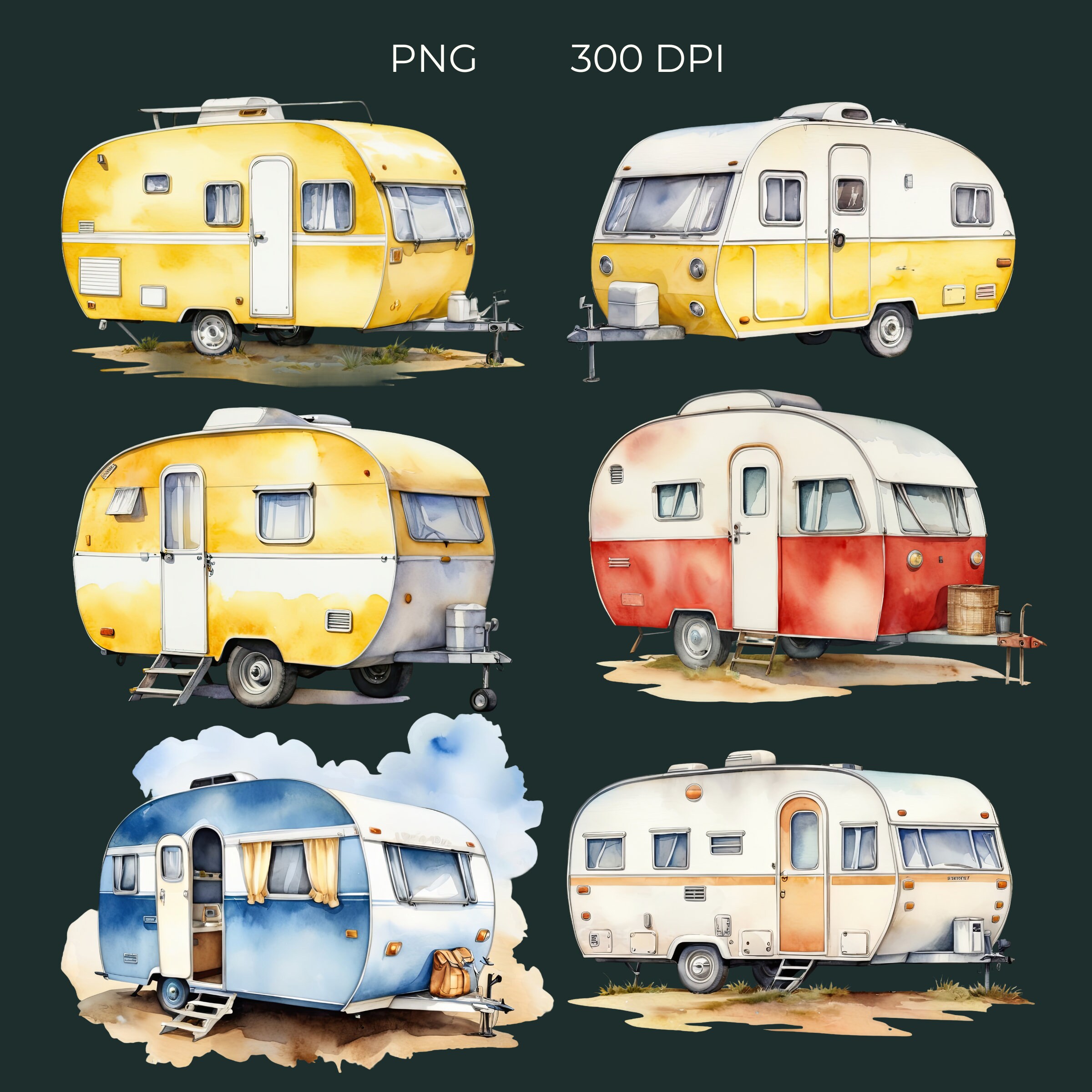 Watercolor Caravan Clipart, Camping Trailer Graphics, Vintage Camper ...