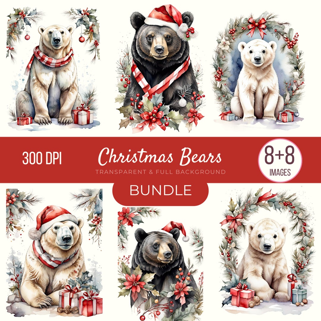 Christmas Bear Clipart Bundle, Watercolor Animal PNG, Holiday Decor ...