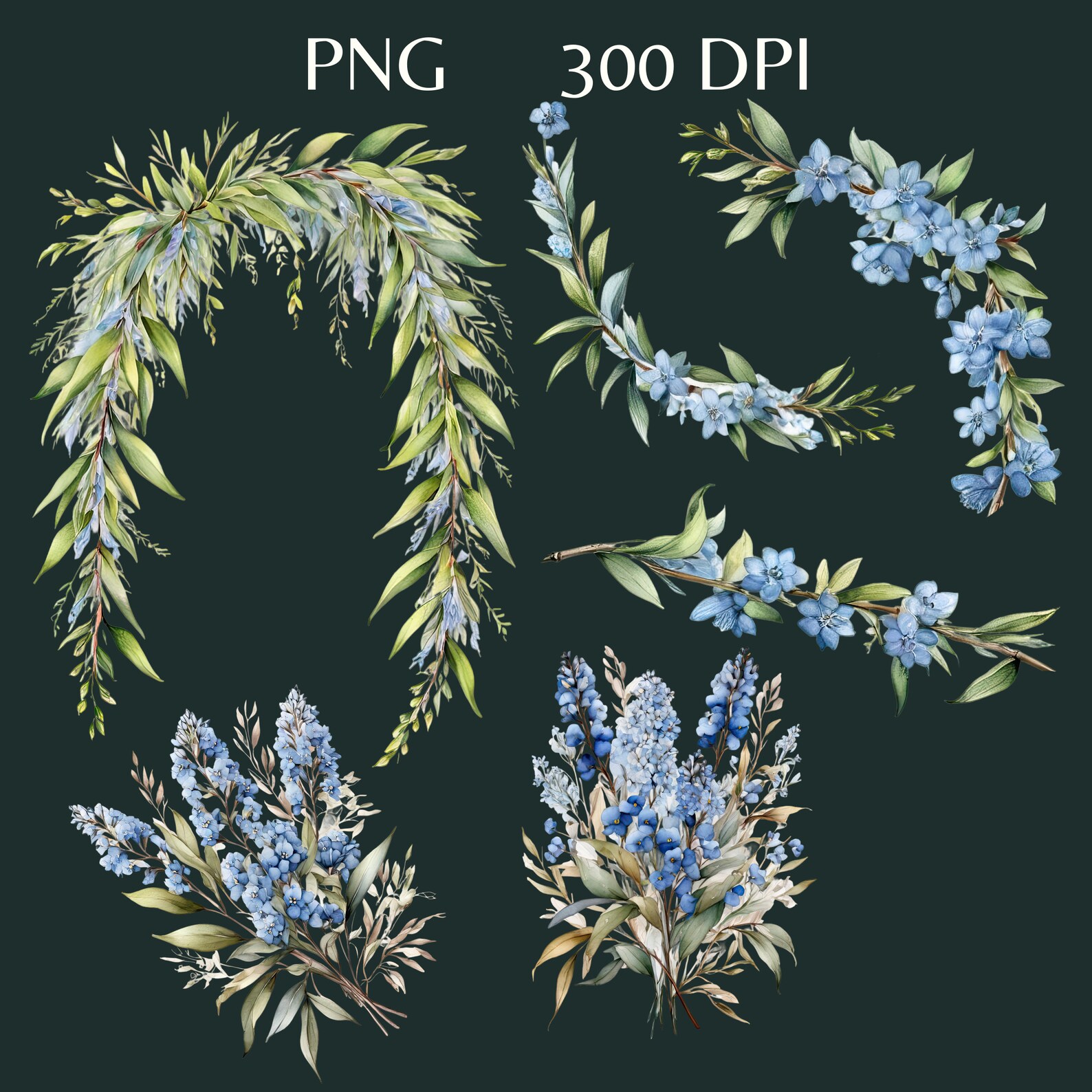 Blue Flower Willow Vine Clipart, Floral Garland Clip Art, Blue ...