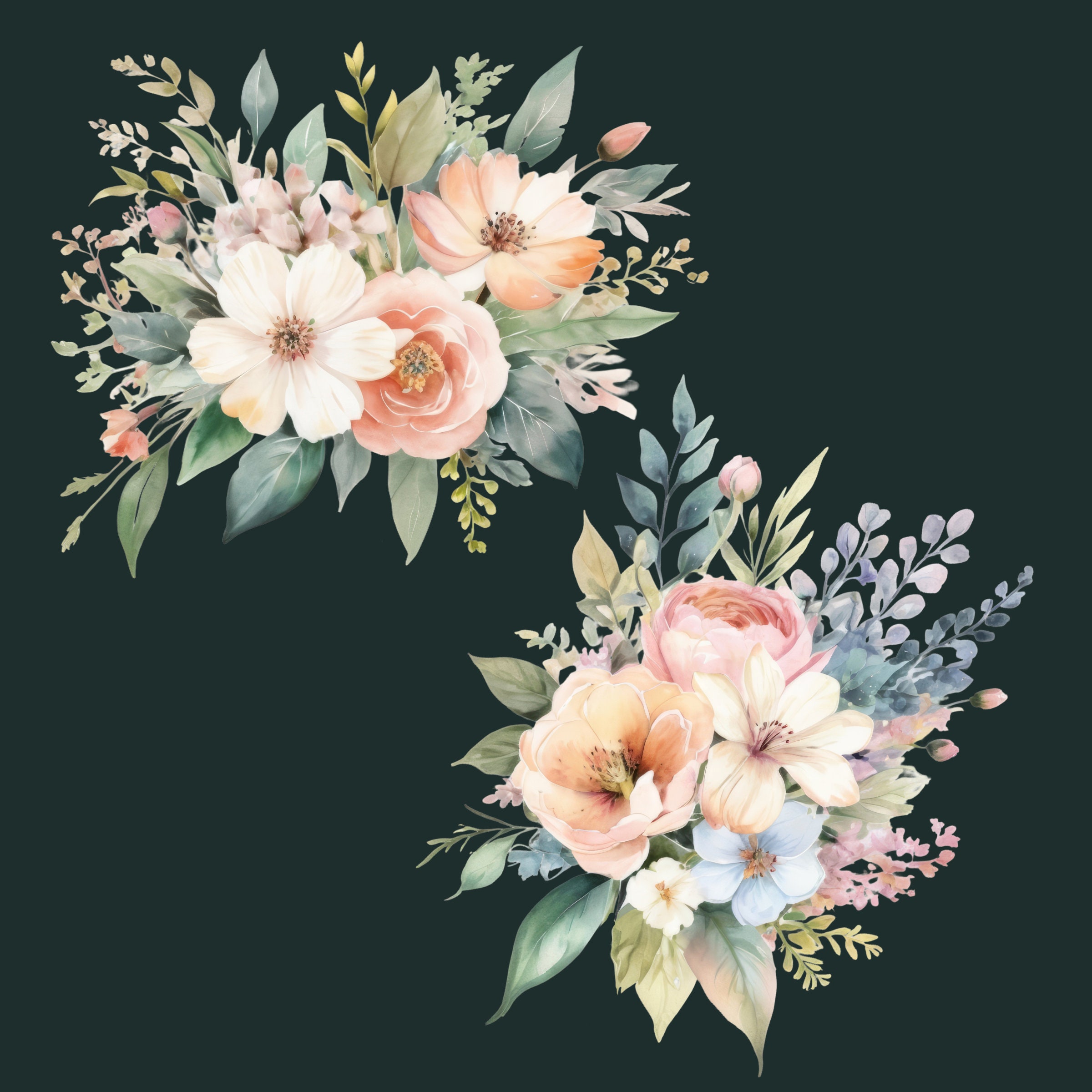 Shabby Chic Flower Clip Art Set, Watercolor Floral Images, PNG Graphics ...