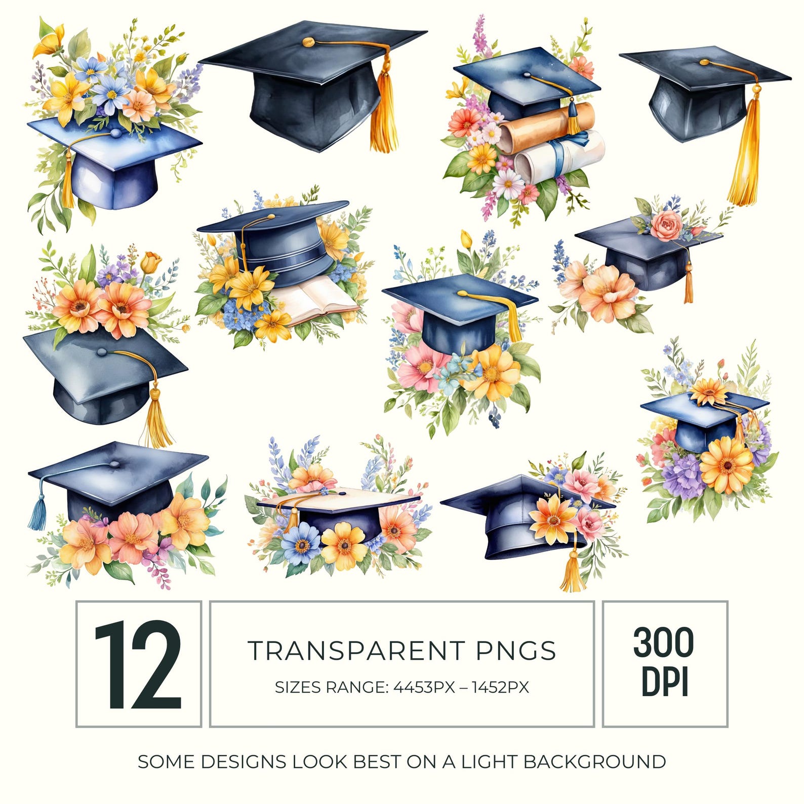 Graduation Hats Clipart Set, Instant Download School Student Graphics ...