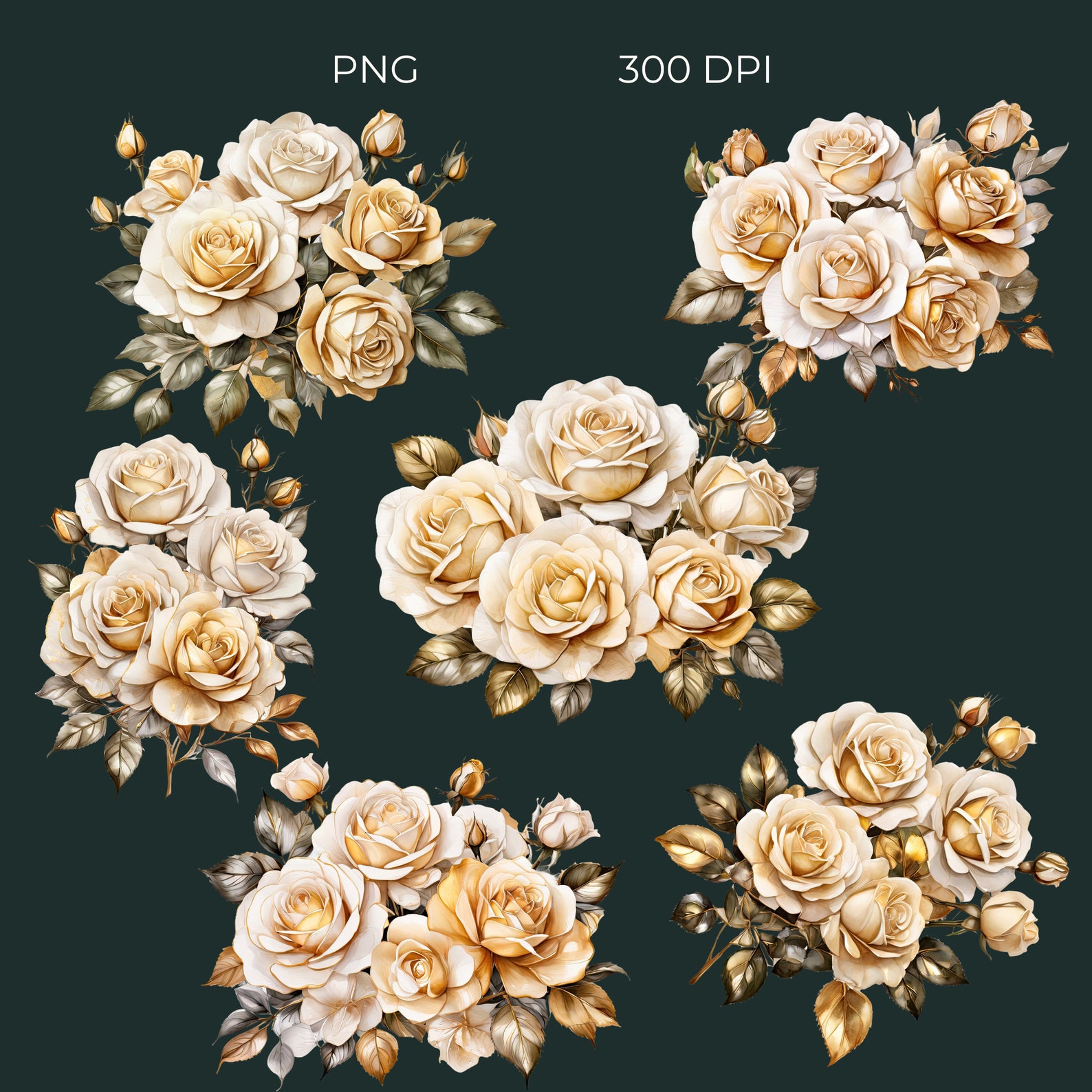 Watercolor Roses Clipart, Floral Clipart, Flowers PNG, White and Gold ...