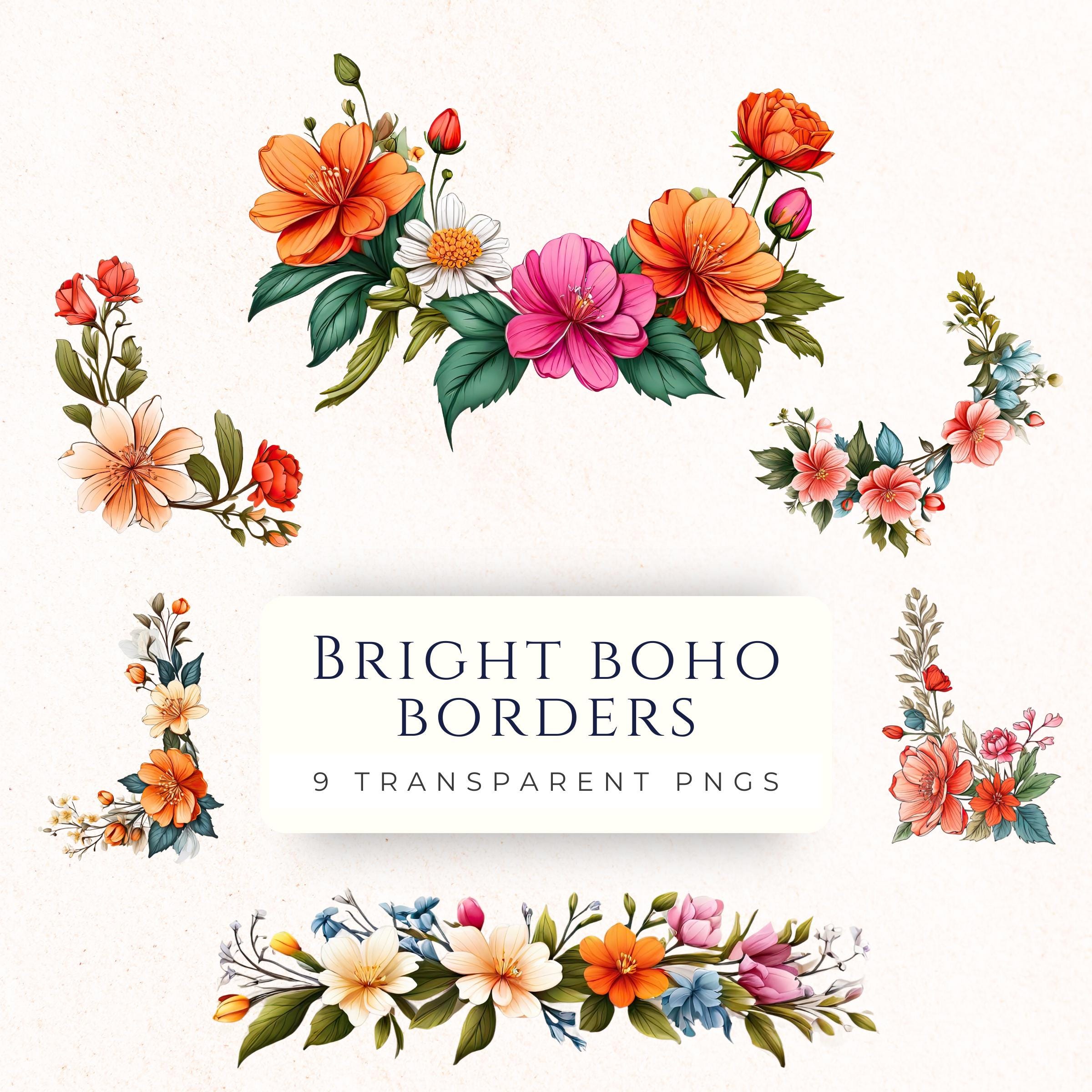 Colorful Flower Border Clipart, Vibrant Boho Watercolor Flowers ...