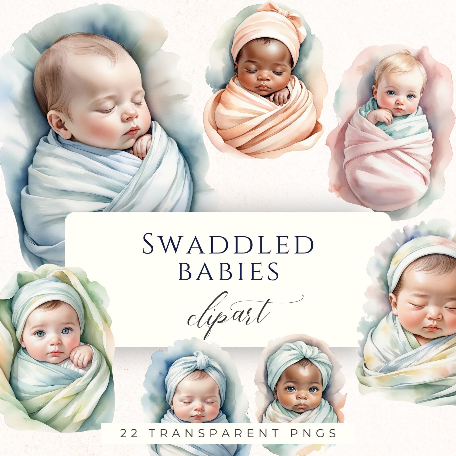 Pastel Swaddled Baby Watercolor Clipart PNG, Newborn Graphics for Baby ...