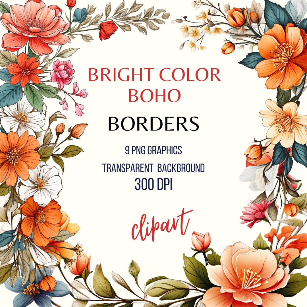 Colorful Flower Border Clipart, Vibrant Boho Watercolor Flowers ...