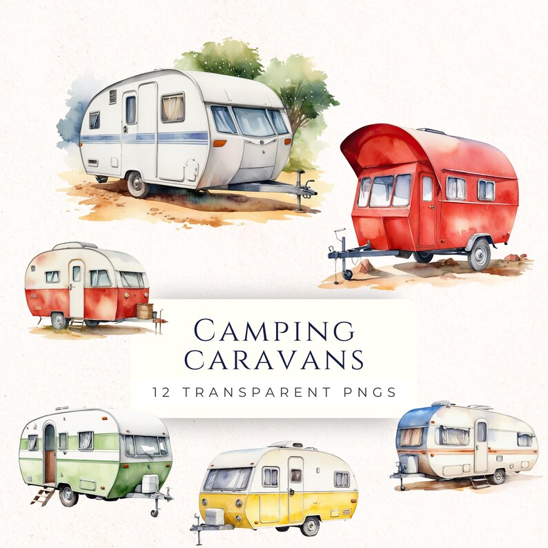 Watercolor Caravan Clipart, Camping Trailer Graphics, Vintage Camper ...