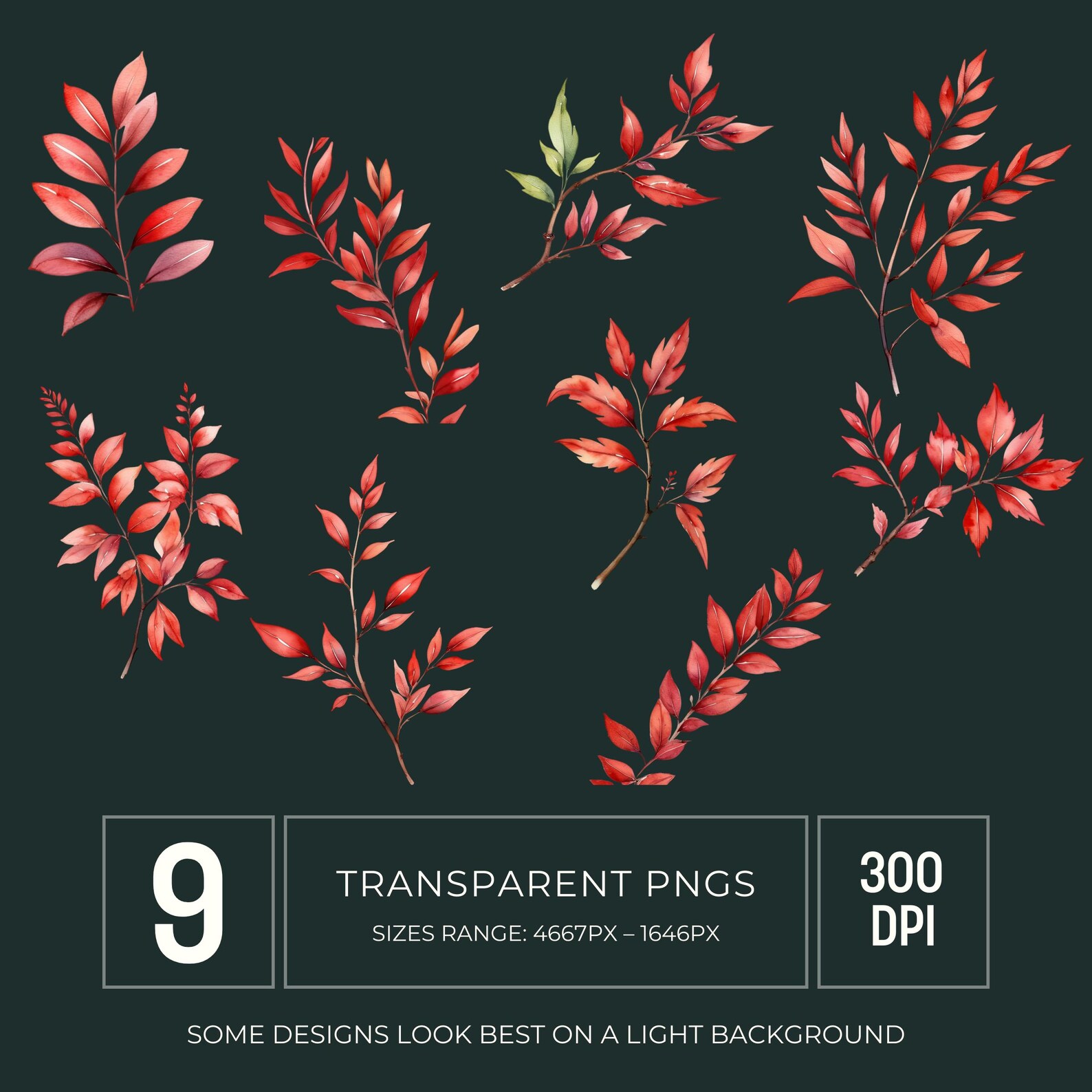 Red Foliage Clipart Set, Botanical Branch Graphics, Wedding Decoration ...