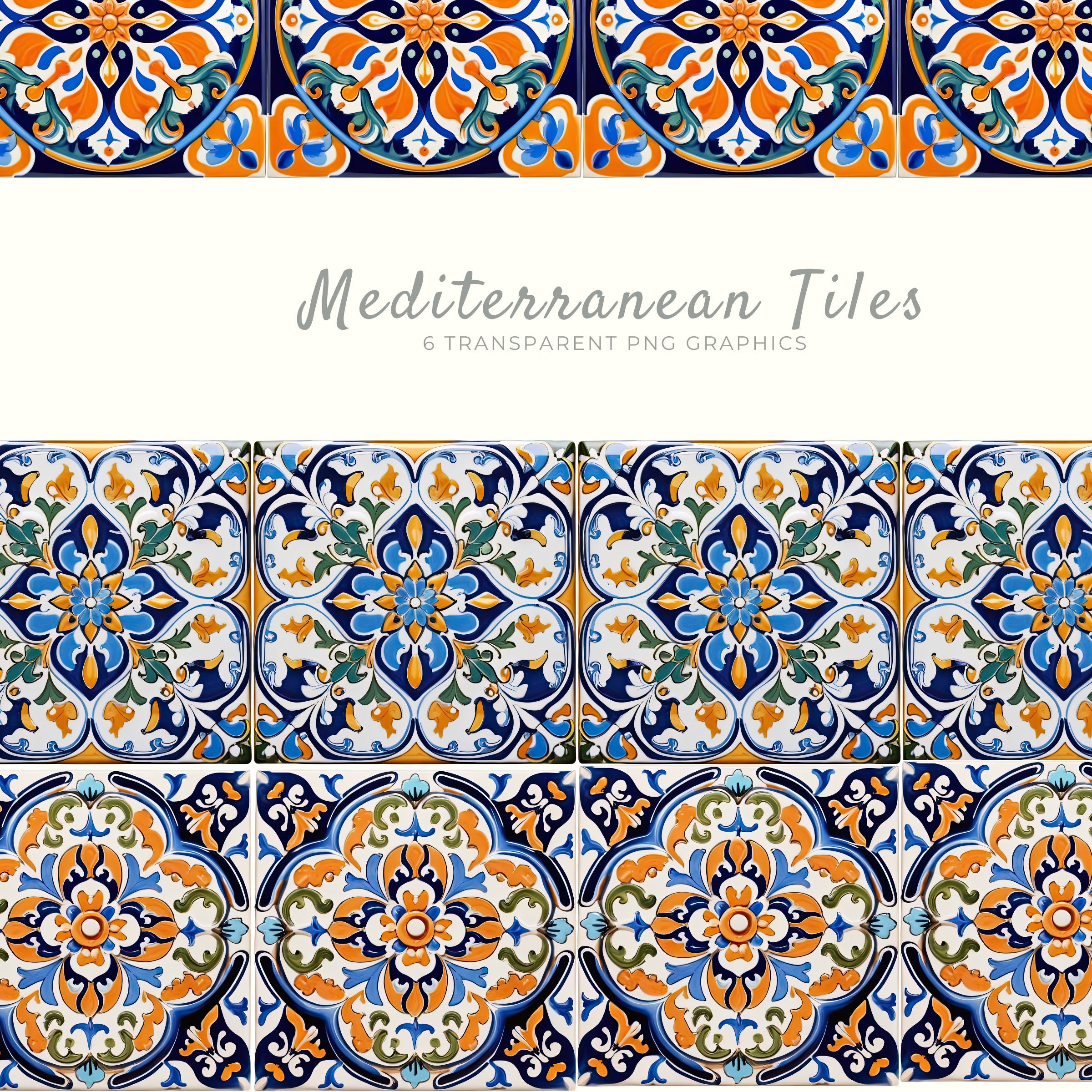 Mediterranean Tile Graphics, Watercolor Clipart Set, Commercial Use ...
