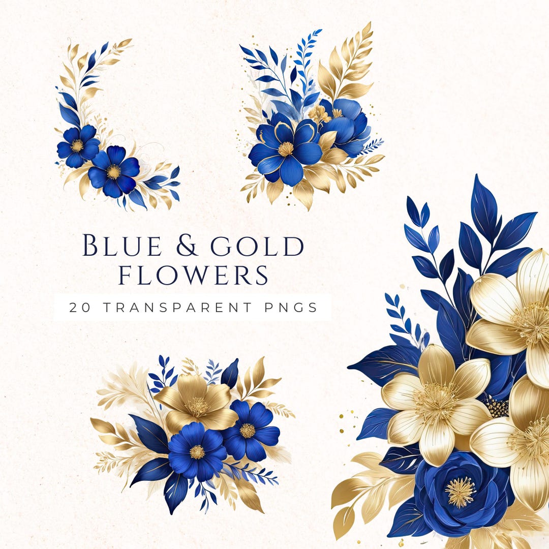 Blue and Gold Flowers Clipart, Digital Download, Floral Decoration ...