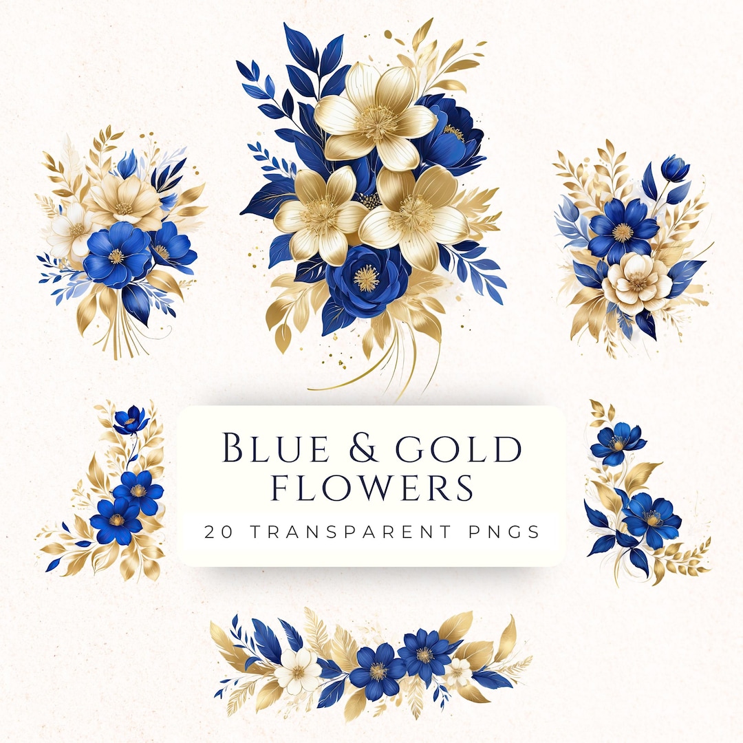 Blue and Gold Flowers Clipart, Digital Download, Floral Decoration ...