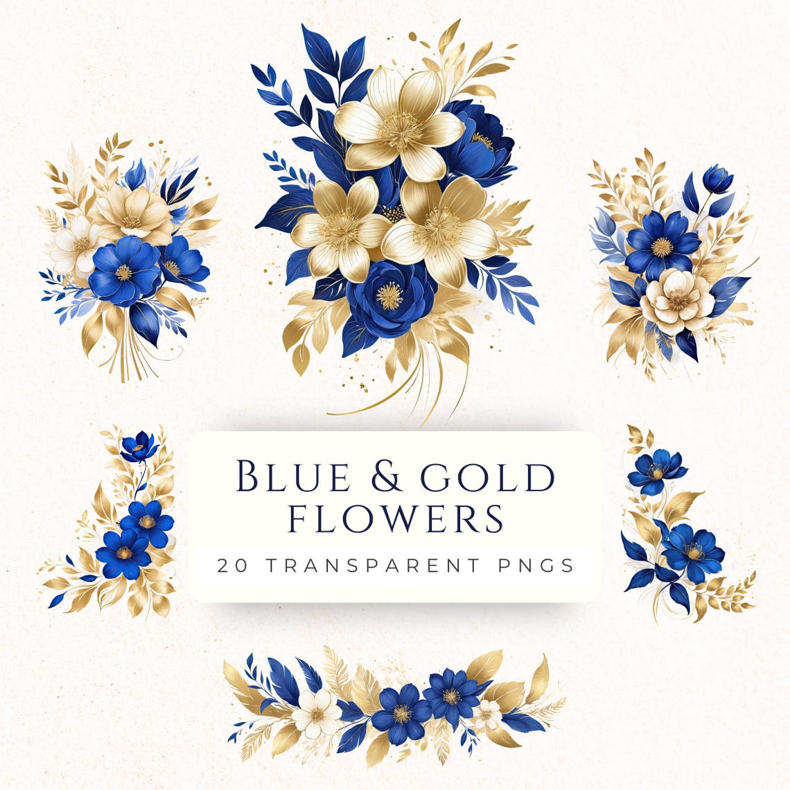 Blue and Gold Flowers Clipart, Digital Download, Floral Decoration ...