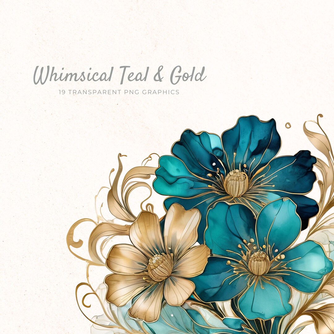 Alcohol Ink Teal and Gold Flower Clipart, Watercolor Splashes Graphics ...