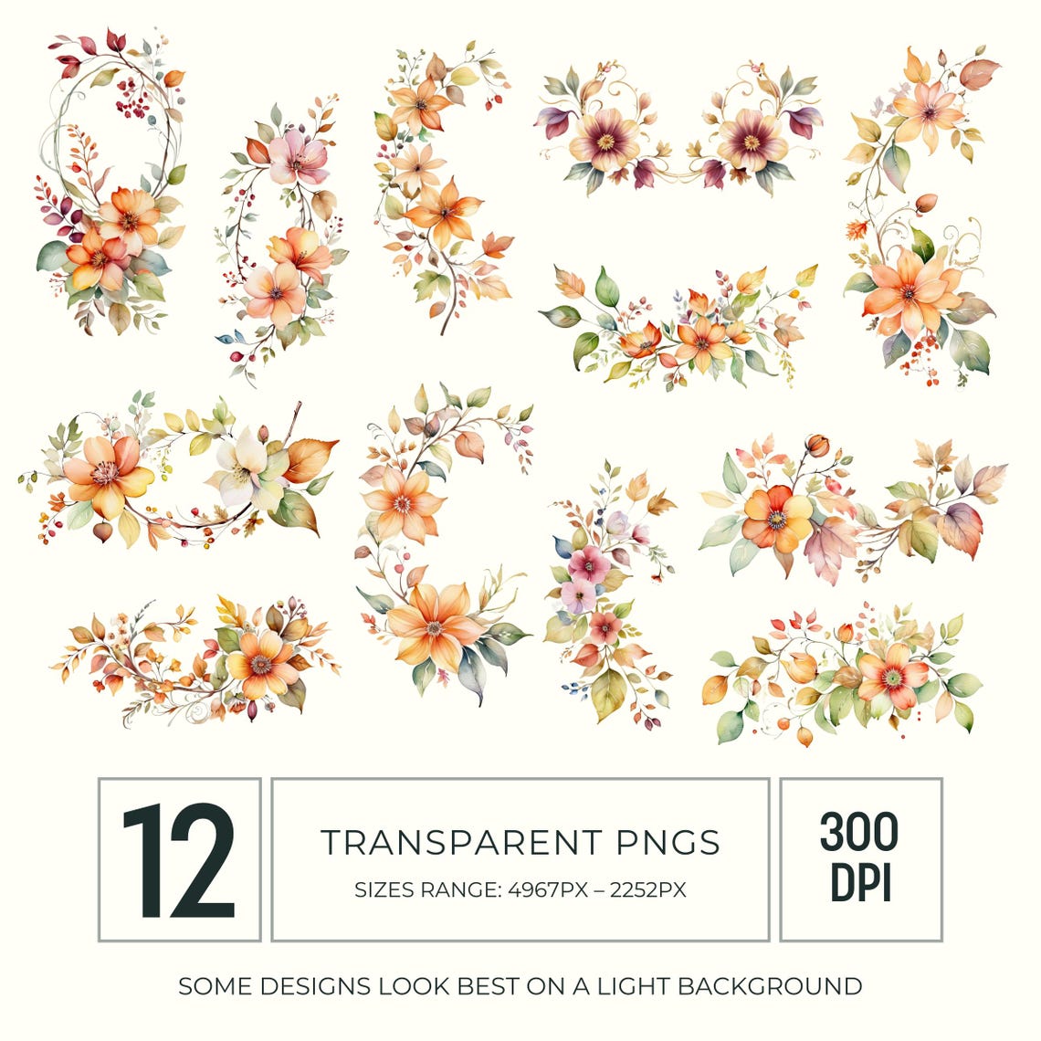 Autumn Fall Vine Watercolor Clipart Set PNG, Seasonal Floral Graphics ...
