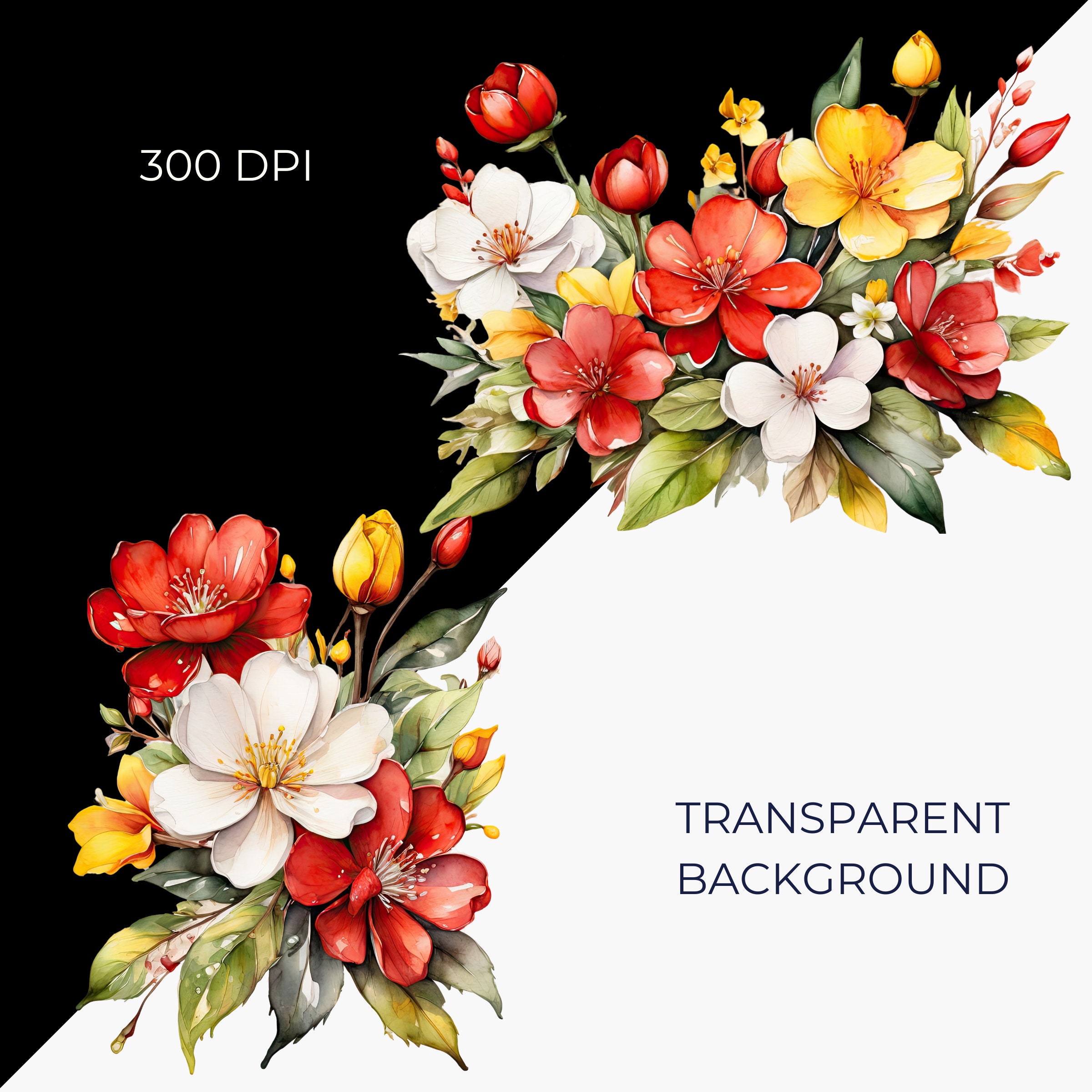 Colorful Flower Clipart Set, Yellow and Red Flowers, Floral Decorations ...