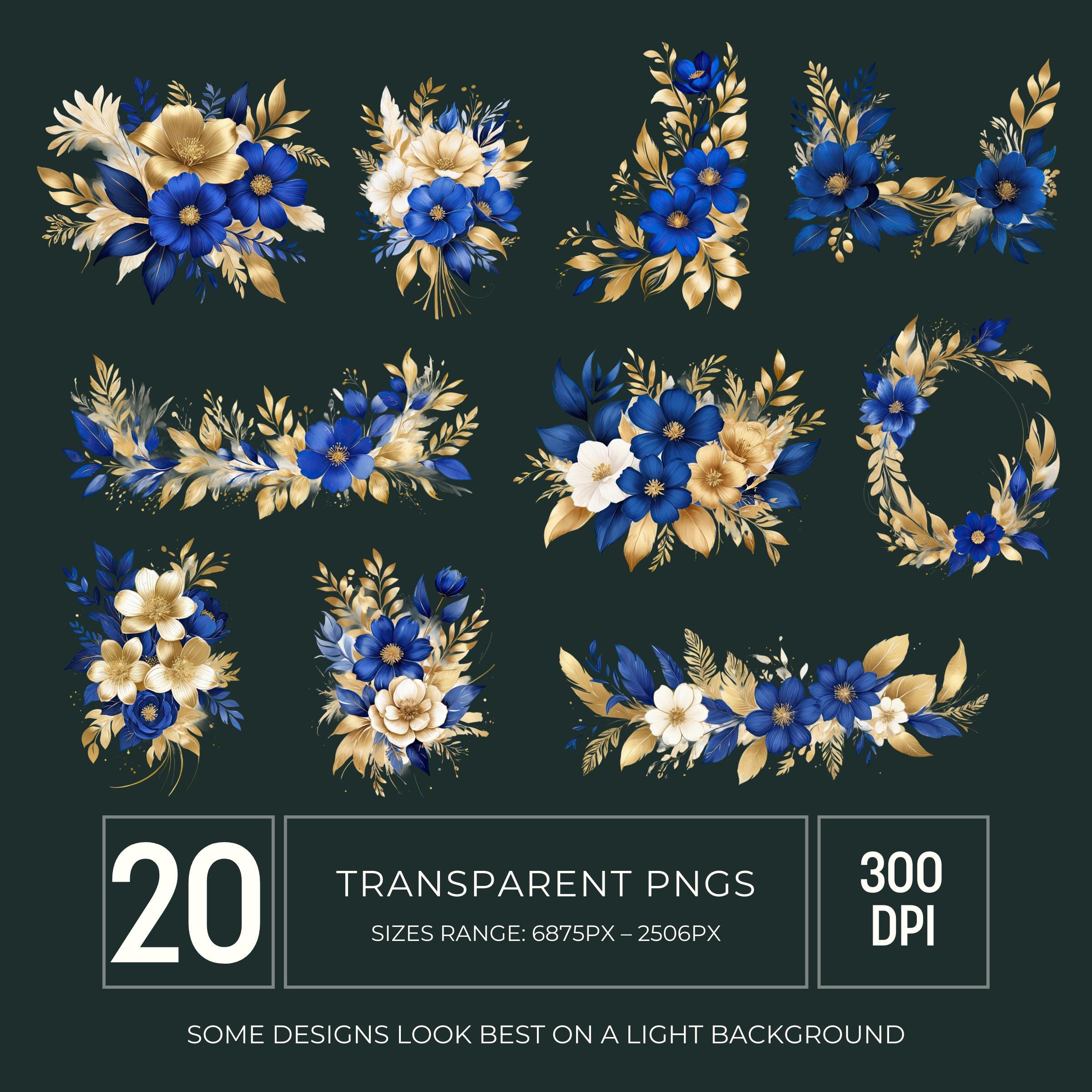 Blue and Gold Flower Clipart PNG, Decorative Floral Graphics for ...