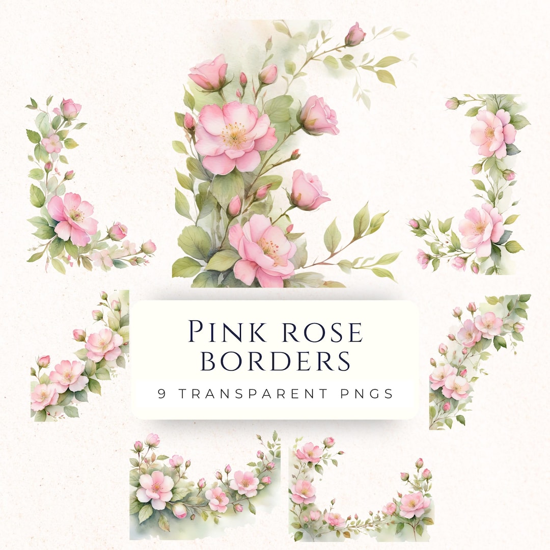 Pink Rose Border Clipart, Watercolor Flower Borders, Instant Download ...