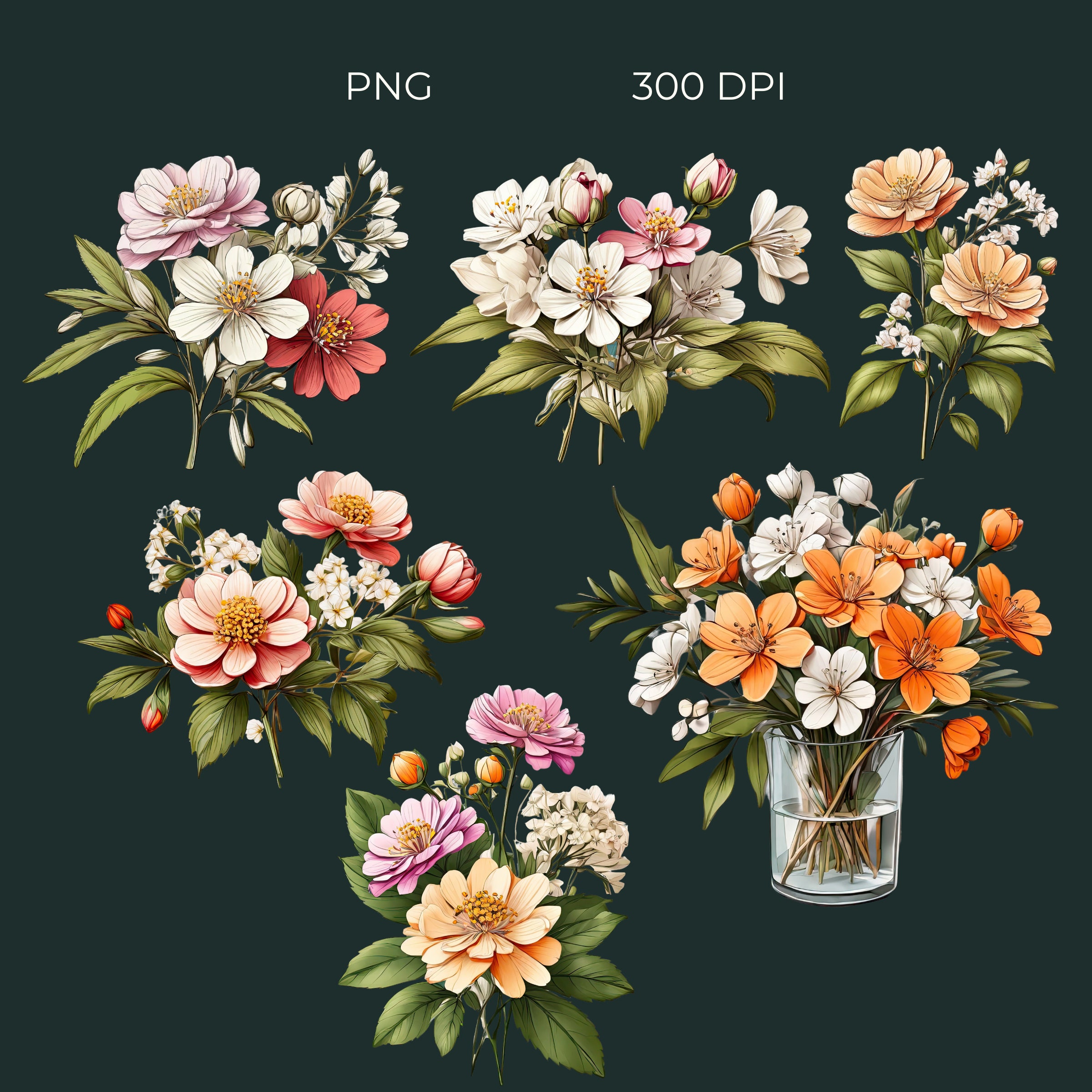Boho Floral Clipart, Retro Flower Bouquet, Spring Clip Art, Simple ...