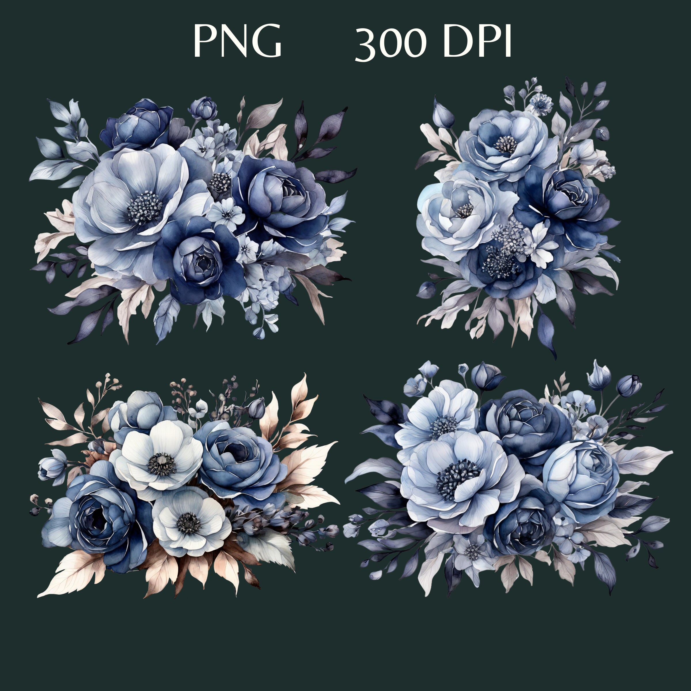 Watercolor Blue Flower Clipart, Moody Floral PNG, Spring Bouquet ...