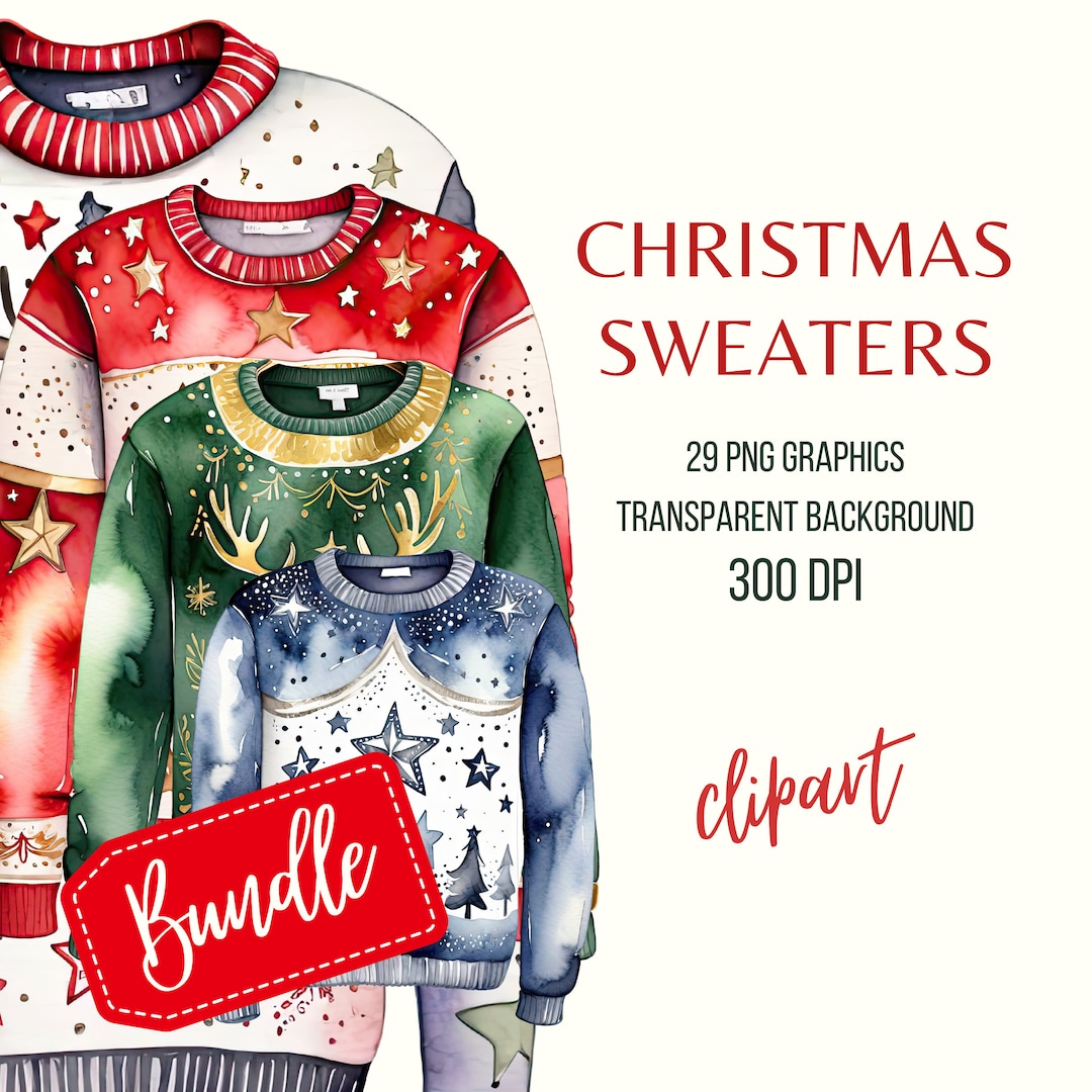 Watercolor Christmas Jumper Clipart Bundle, Instant Download PNG, Card ...
