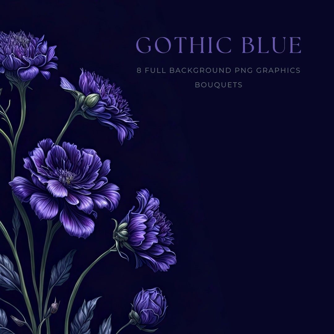 Gothic Style Dark Blue Flower Clipart, Moody Floral Art PNG, Full ...