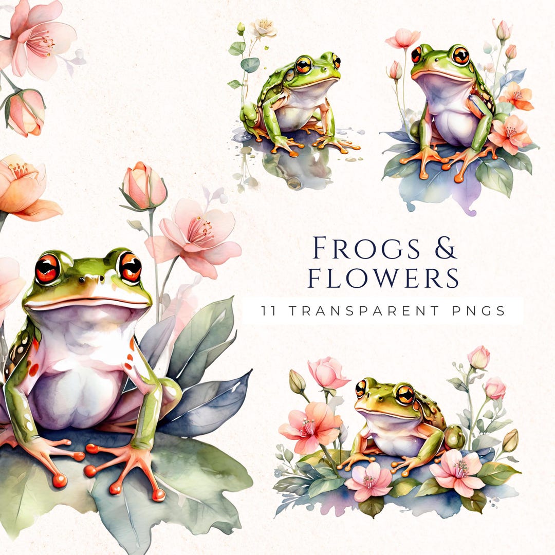Green Frogs Clipart, Frogs and Flower Clip Art, Cute Frog PNG ...