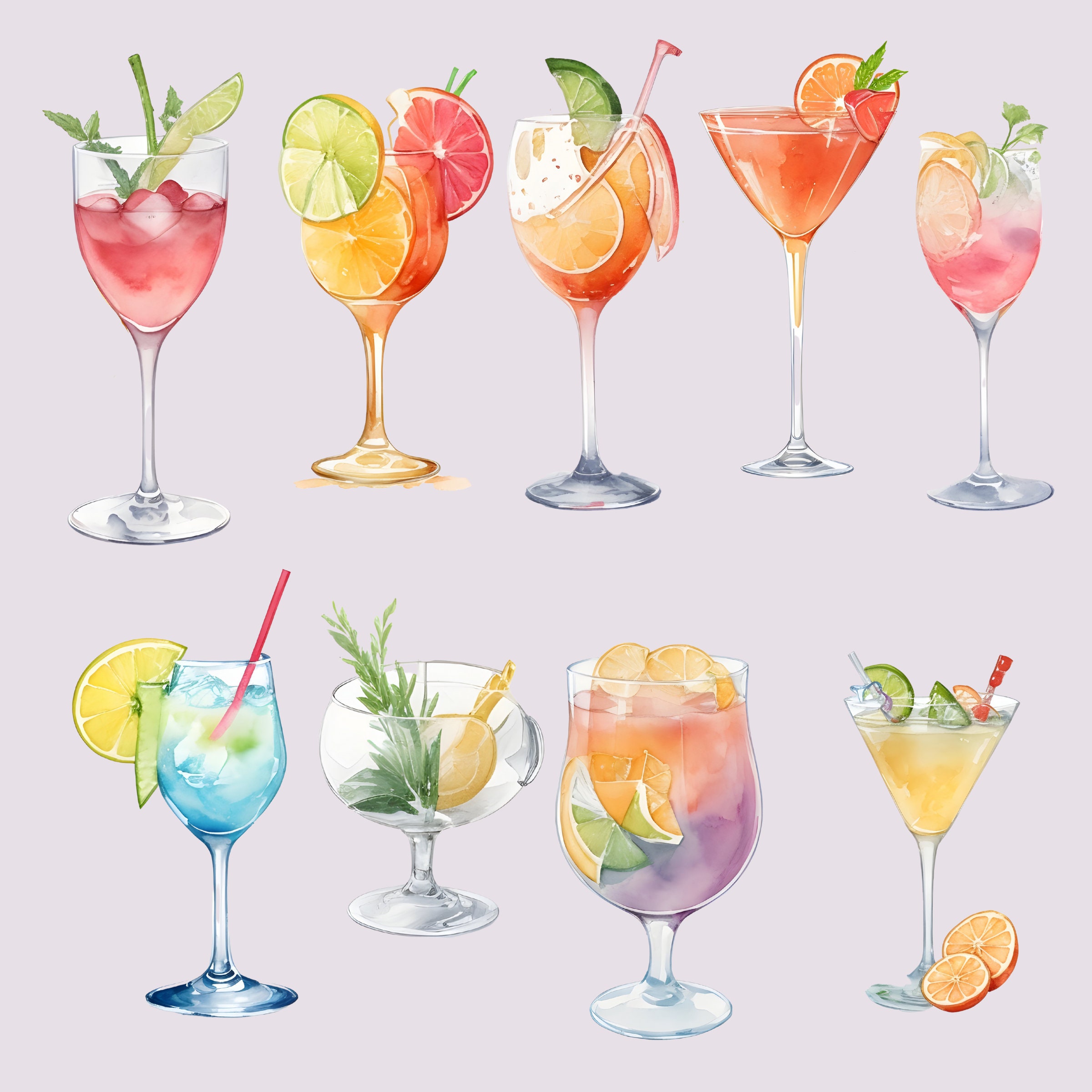 Colorful Summer Drinks Clip Art, Watercolor Cocktails, Instant Download ...