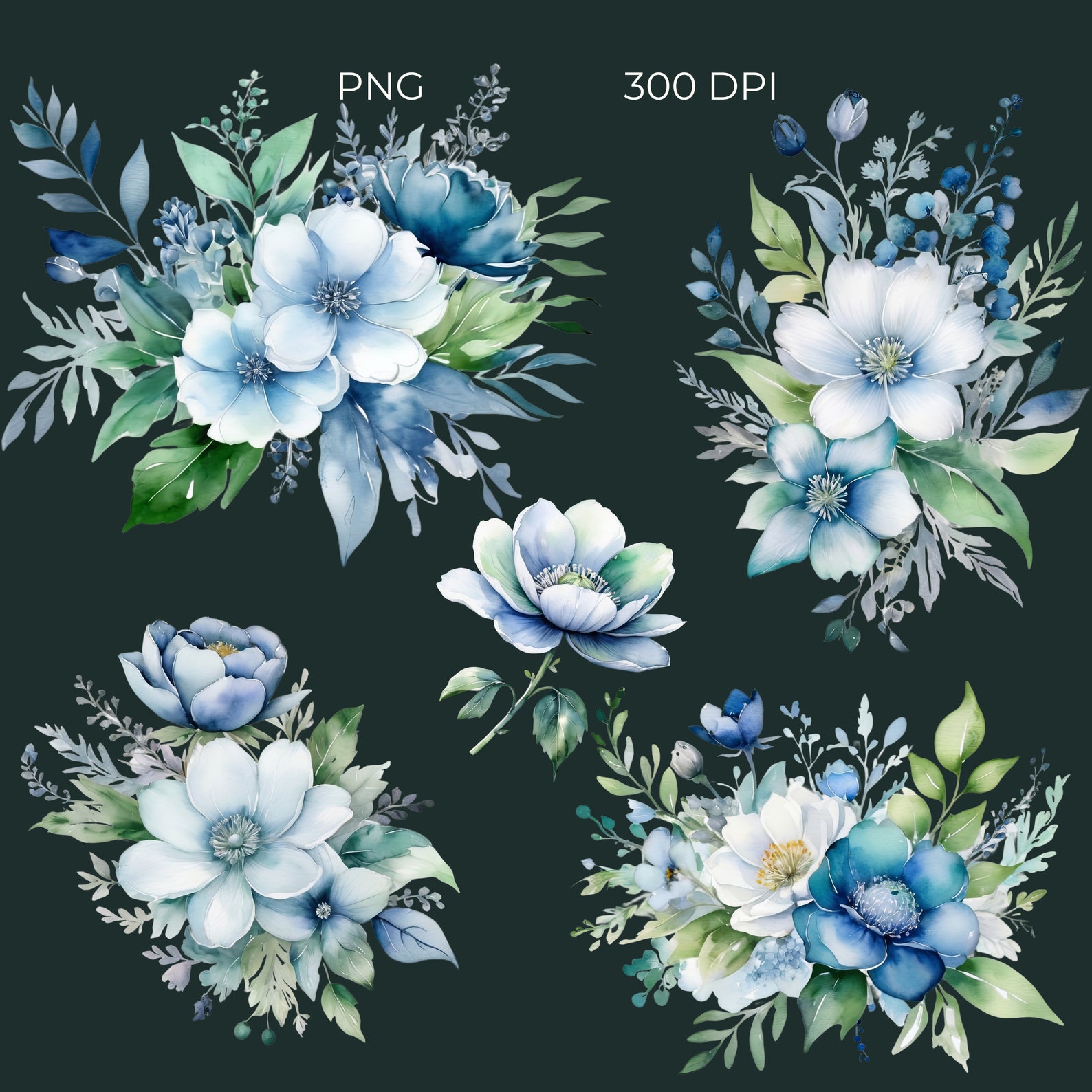 Icy Blue Watercolor Floral Clipart, Ice Blue Bouquet PNG, Light Blue ...
