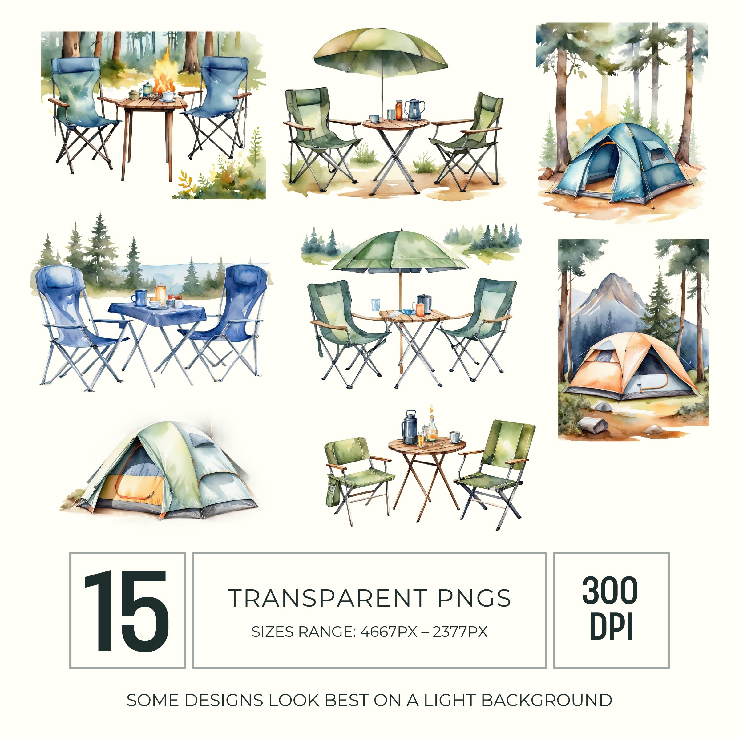 Watercolor Camping Clip Art, Outdoor Furniture Graphics, Travel ...