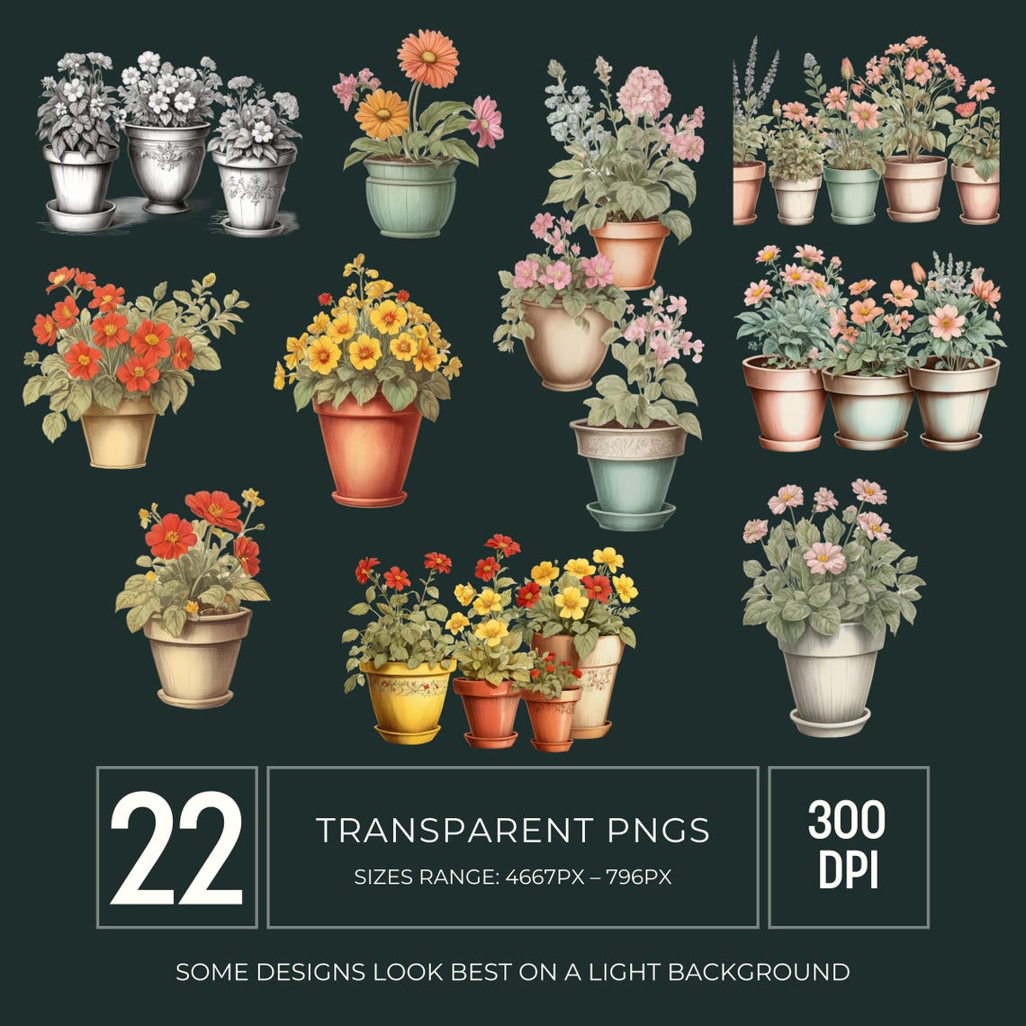 Flower Pot Clipart Set, Garden Clip Art PNG Images, Instant Download ...