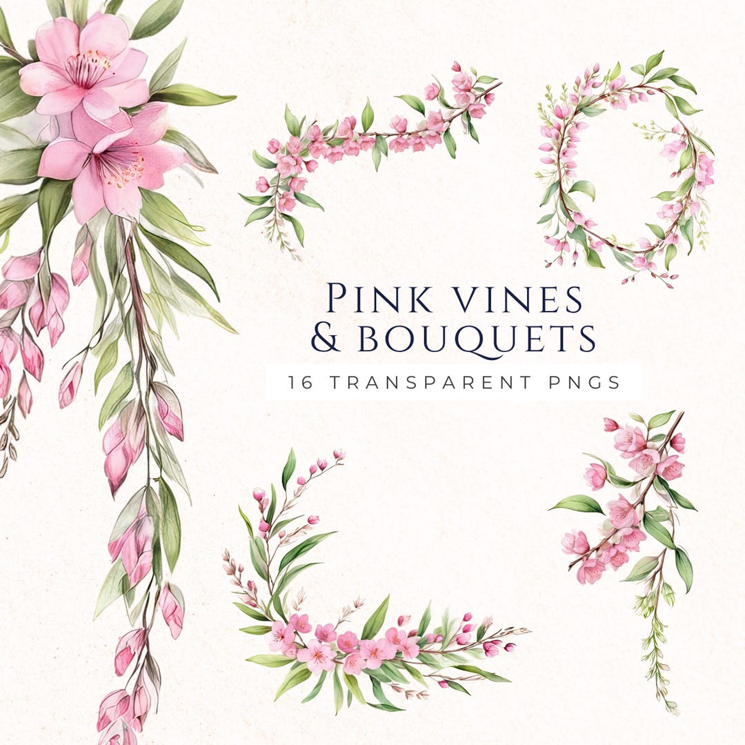 Pink Flower Vines Clipart, Instant Download PNG, Spring Decorations ...