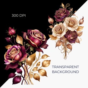 Maroon Gold Rose Clipart Set, Floral Watercolor Clip Art, Commercial ...