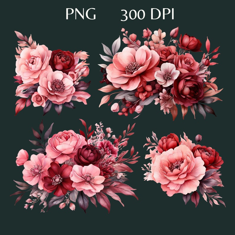 Red and Pink Flower Clipart, Moody Floral Graphics, Digital Download ...