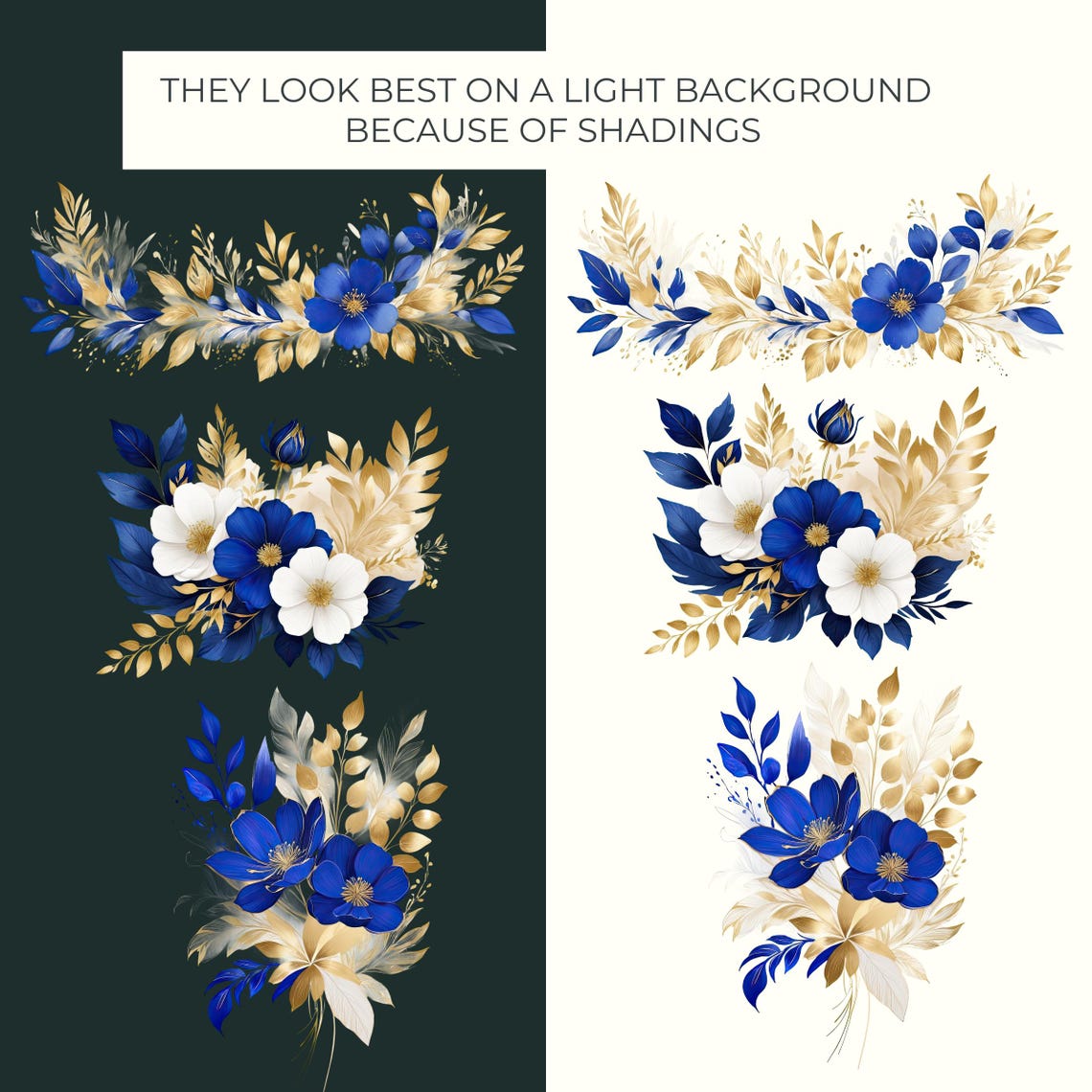 Blue and Gold Flower Clipart PNG, Decorative Floral Graphics for ...